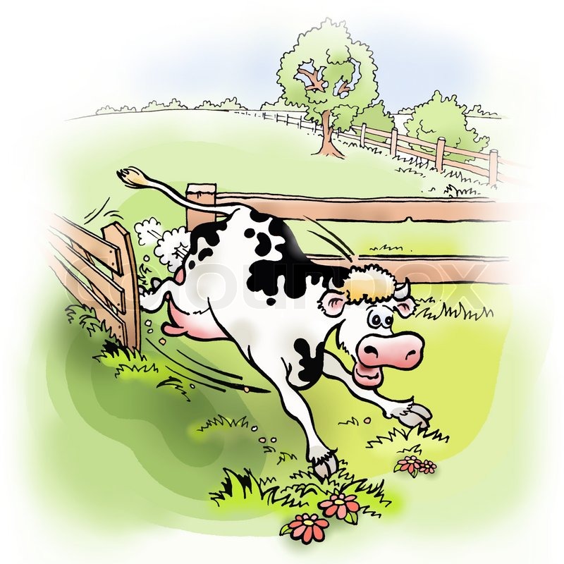 Cartoon of a running cow in a meadow ... | Stock image | Colourbox