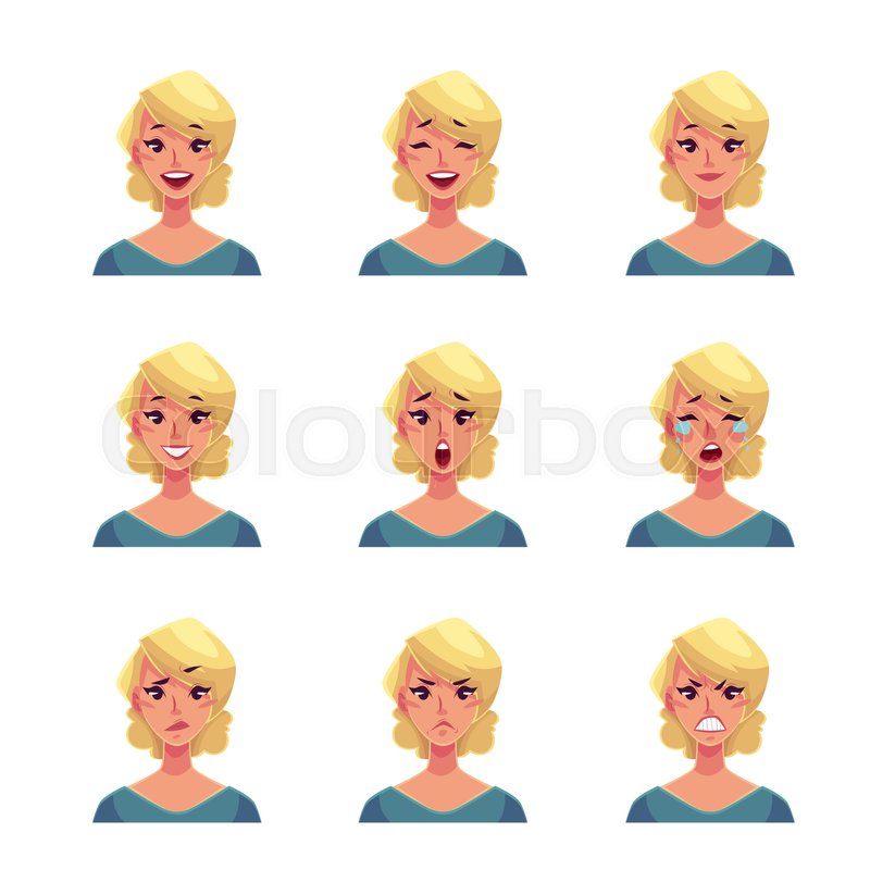 Girl face expression, set of cartoon ... | Stock vector | Colourbox