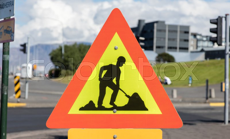 Roadworks sign, bright yellow and red - ... | Stock image | Colourbox