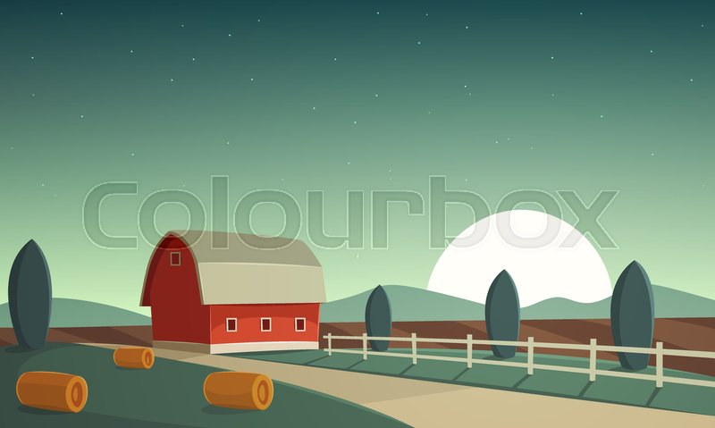 Red farm barn at night, countryside ... | Stock vector | Colourbox
