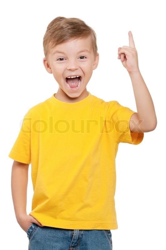 Cheerful little boy pointing up over ... | Stock image | Colourbox