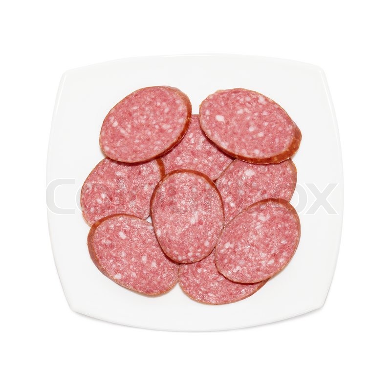 Wurst mit Platte isoliert auf weiß | Stock Bild | Colourbox