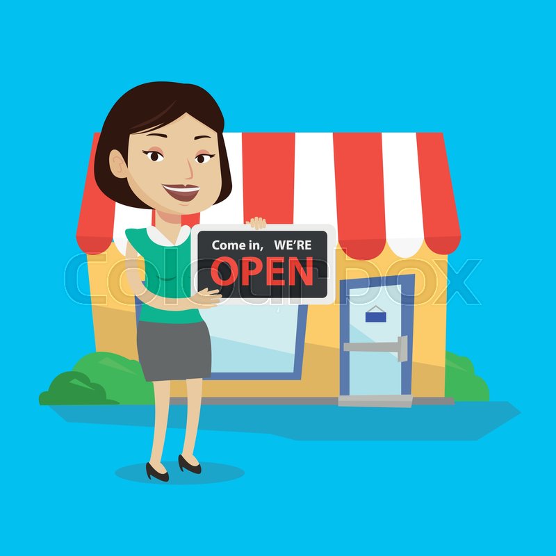 Friendly female shop owner holding ... | Stock vector | Colourbox