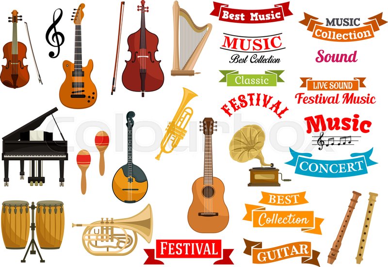 Music instruments. Ribbons, labels, ... | Stock vector | Colourbox