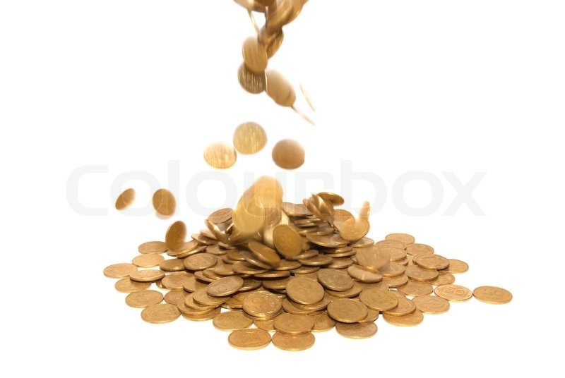 Rain of golden coins isolated on white | Stock image | Colourbox