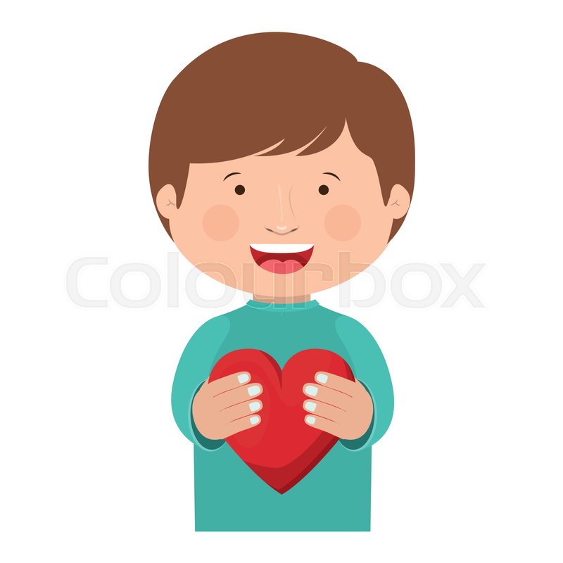 Boy smiling holding a red heart over ... | Stock vector | Colourbox