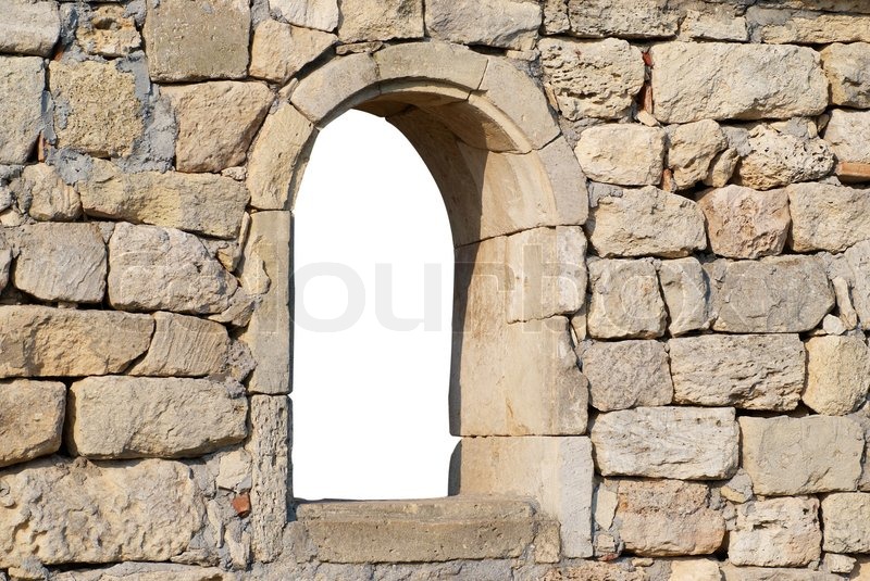 Window in the ancient stone wall white isolated | Stock Photo | Colourbox