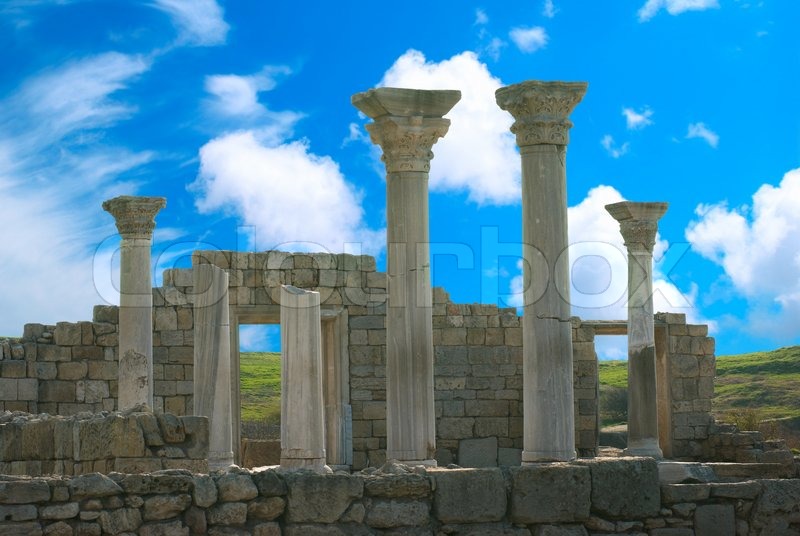 Ancient castle with columns and blue ... | Stock image | Colourbox