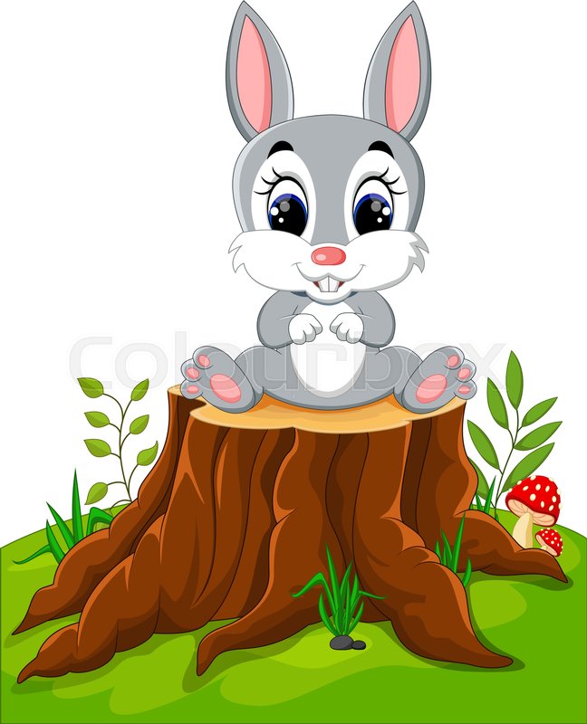 Cartoon Easter Bunny on tree stump | Stock vector | Colourbox