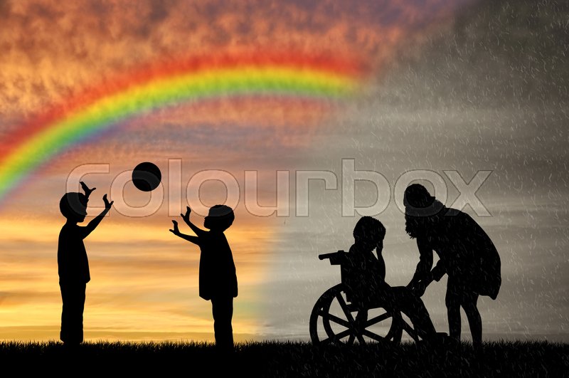 Disabled child in wheelchair crying and ... | Stock image | Colourbox