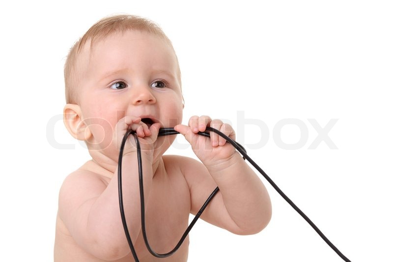 Baby with computer wires isolated on ... | Stock image | Colourbox