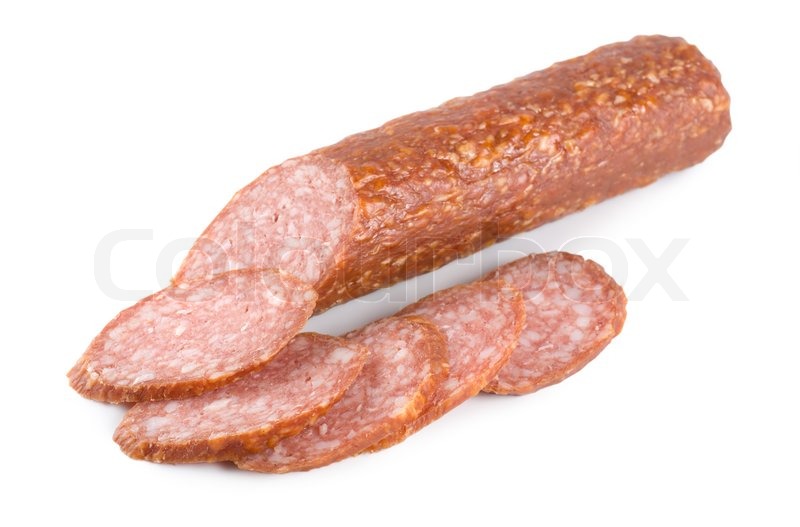 Geräucherte Wurst auf einem weißen ... | Stock Bild | Colourbox