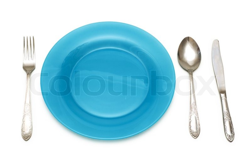Blue plate and table utensils isolated ... | Stock Photo | Colourbox