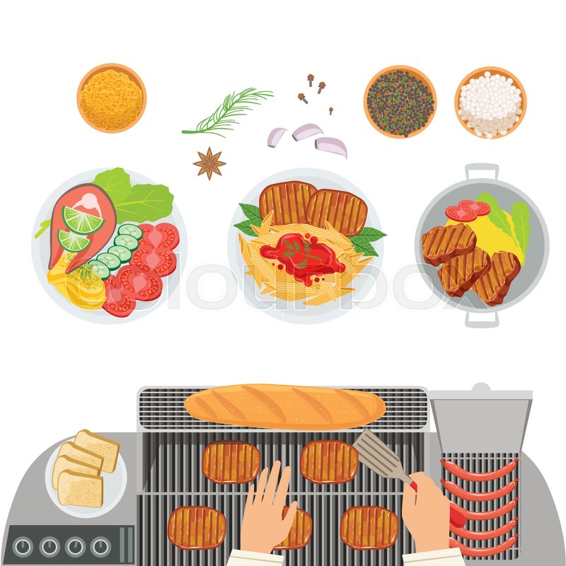 Stove, Cooked Dishes, Spices And Hands ... | Stock Vector | Colourbox