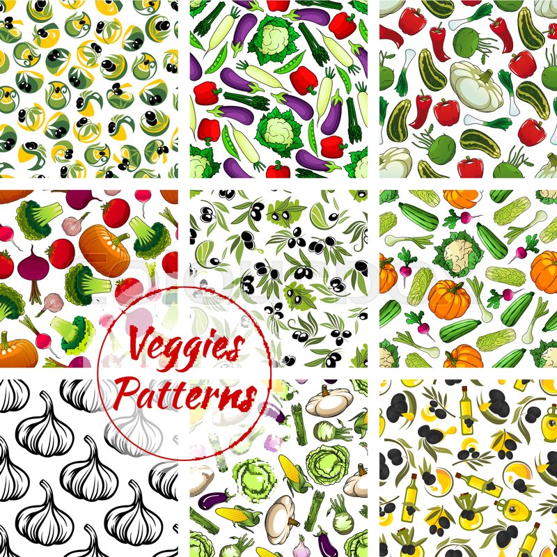 Vegetables patterns set. Veggies ... | Stock vector | Colourbox