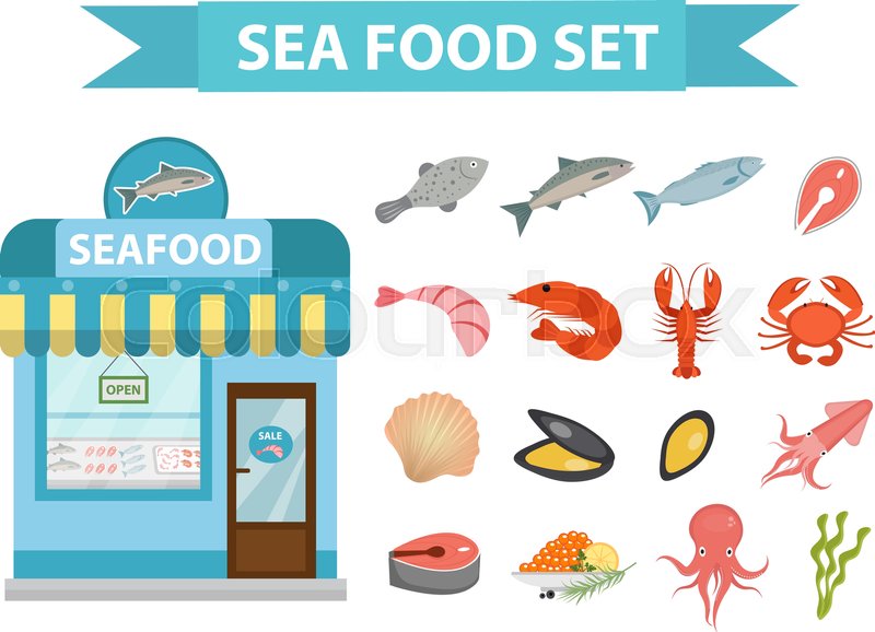 Seafood icons set vector, flat style. ... | Stock vector | Colourbox