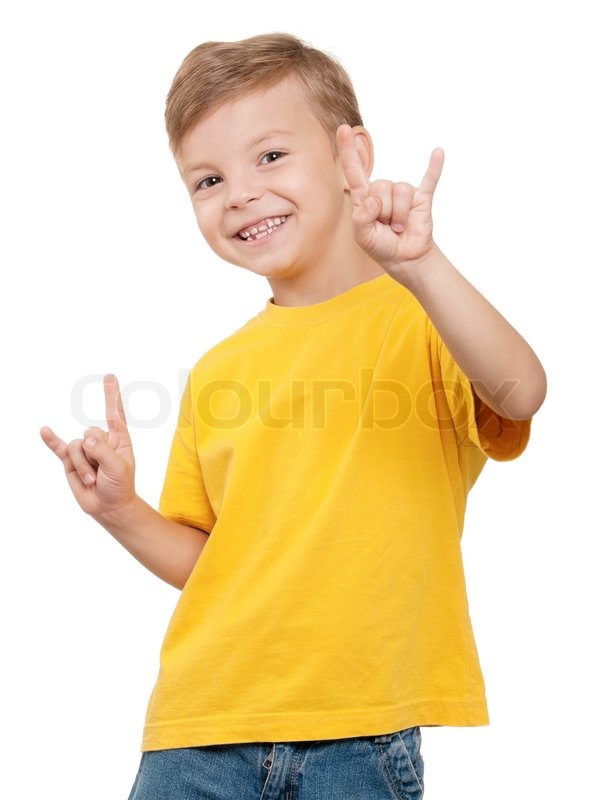 Portrait of little boy making rock and ... | Stock image | Colourbox