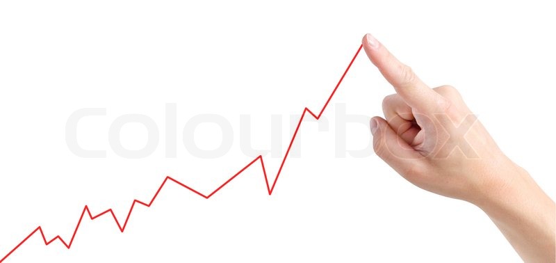 An increasing graph in red and a finger ... | Stock image | Colourbox