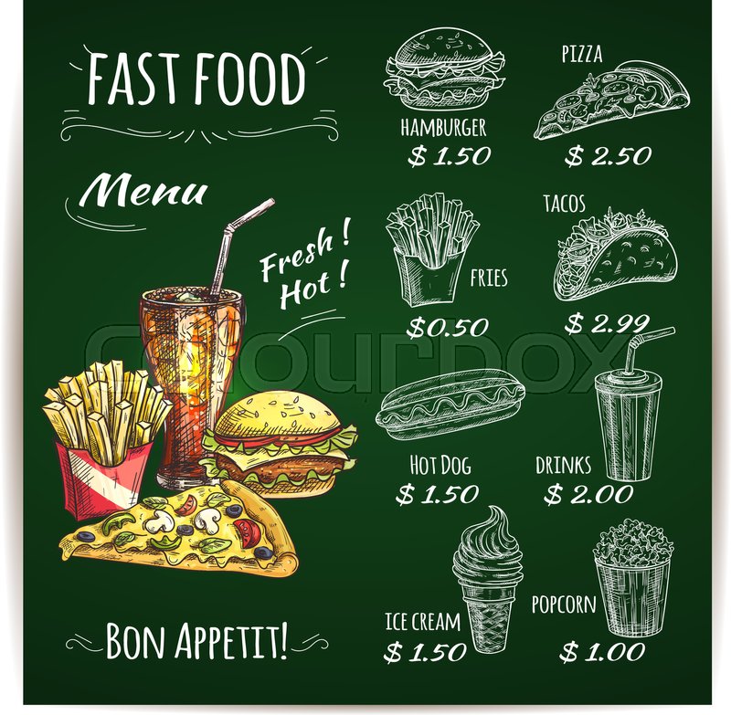 Fast food menu list on chalkboard with ... | Stock vector | Colourbox