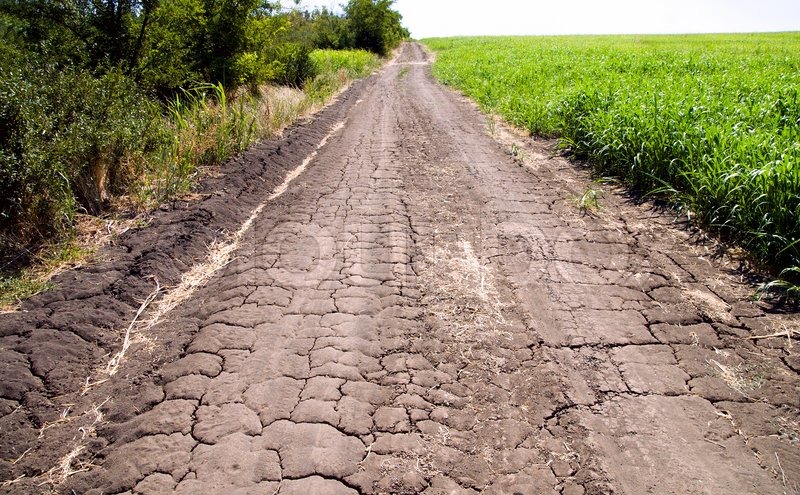 A rural cracked road goes up between ... | Stock image | Colourbox