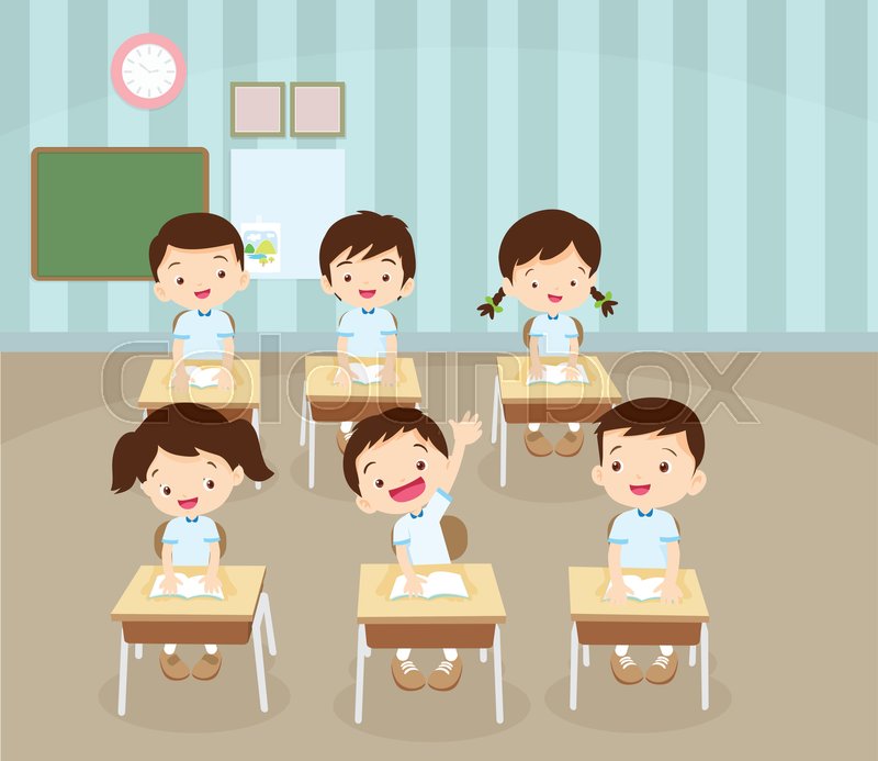 Children boy sitting at school desk ... | Stock vector | Colourbox