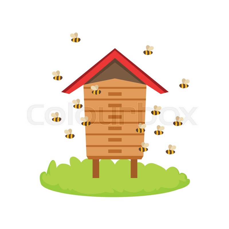 Bees Around Wooden Beehive Cartoon ... | Stock vector | Colourbox