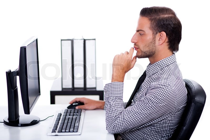 Business- Mann arbeitet am Schreibtisch auf weißem Hintergrund ... Business- Mann arbeitet am Schreibtisch auf weißem Hintergrund ...