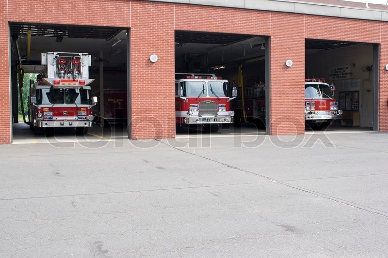 Three garage bays of fire house open ... | Stock image | Colourbox
