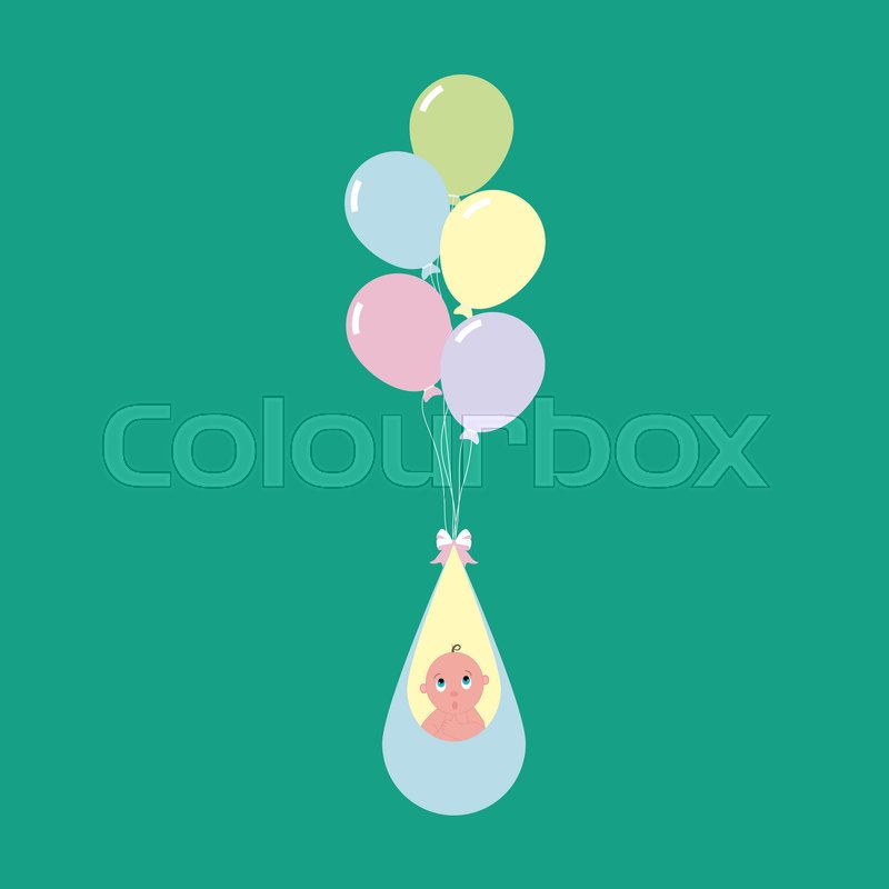 Baby flying on balloons on the green ... | Stock vector | Colourbox