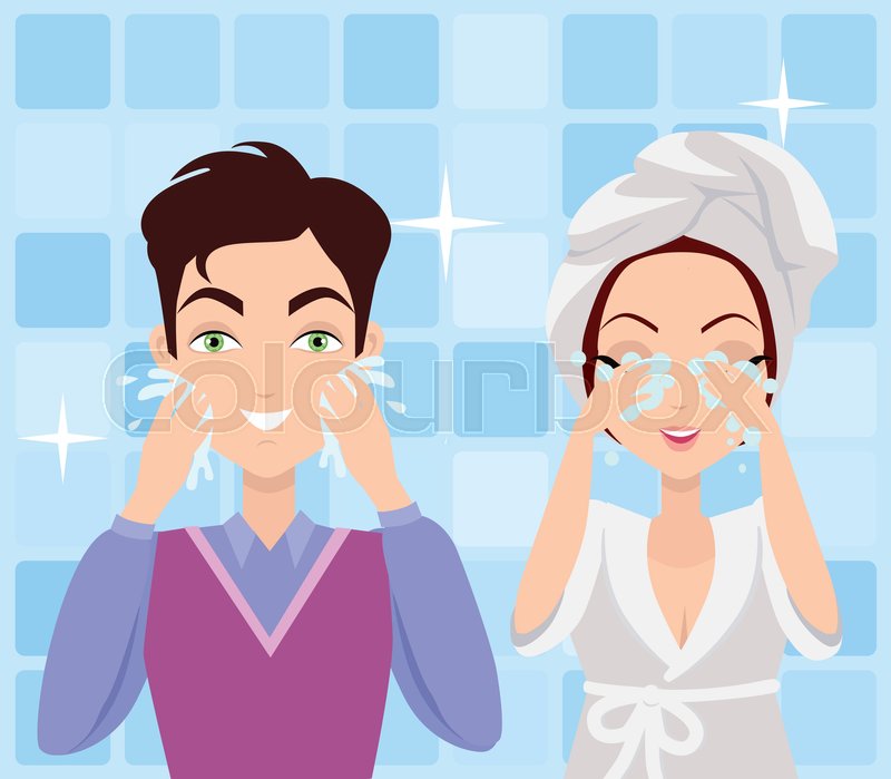 Man and woman washing their faces. ... | Stock vector | Colourbox