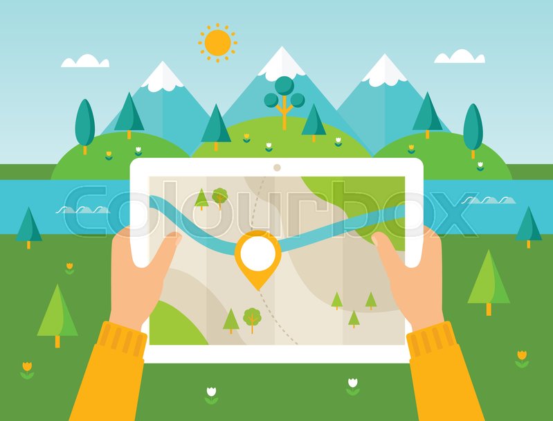 Hiker Reading Digital Map on Tablet. ... | Stock vector | Colourbox
