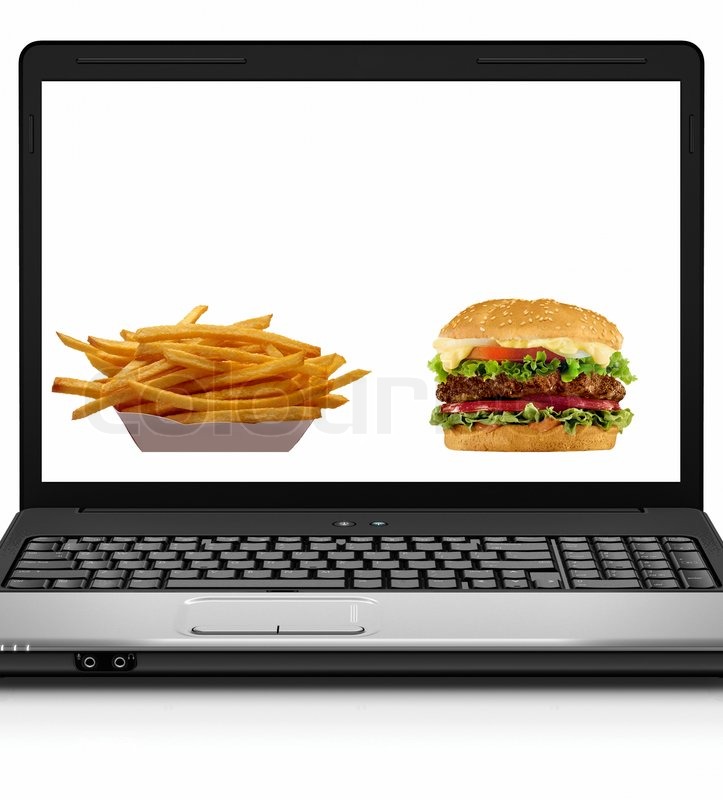 Laptop computer with an hamburger and ... | Stock image | Colourbox