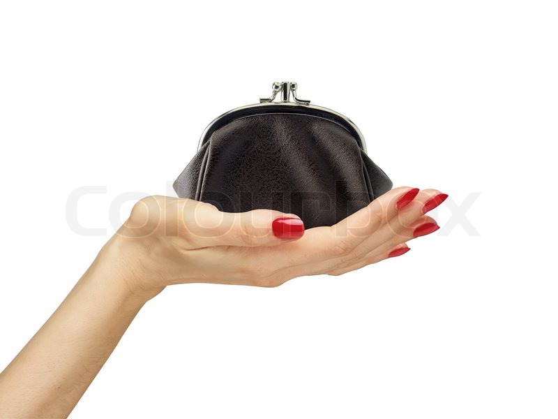 Black purse in woman hand isolated on ... | Stock image | Colourbox