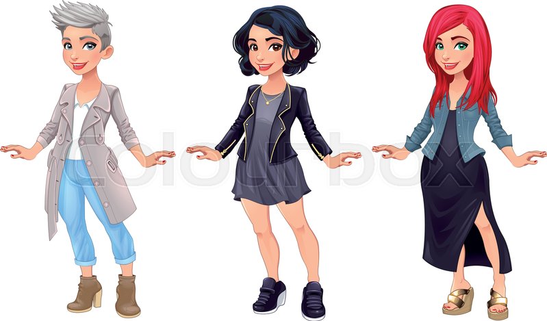 Three female cartoon characters. ... | Stock vector | Colourbox