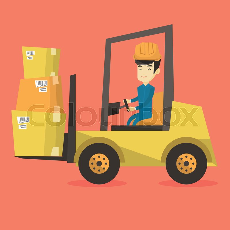 Asian warehouse worker loading ... | Stock vector | Colourbox