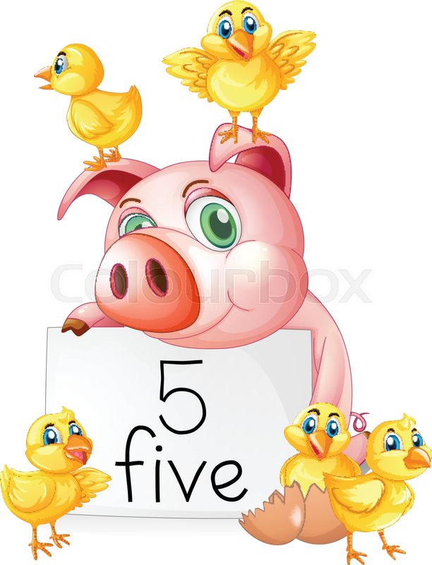 Pig and five little chicks ... | Stock vector | Colourbox