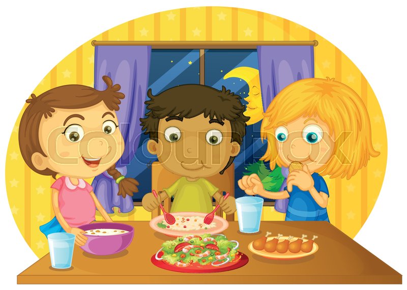 Three kids having meal on the table ... | Stock vector | Colourbox