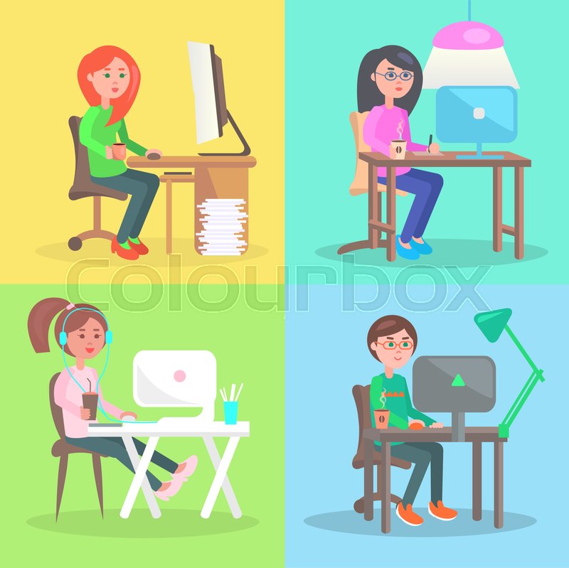 Cartoon office workers at computer on ... | Stock vector | Colourbox