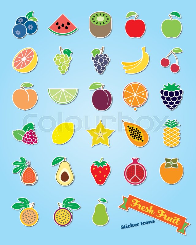 Collection of 25 fresh fruit sticker ... | Stock vector | Colourbox