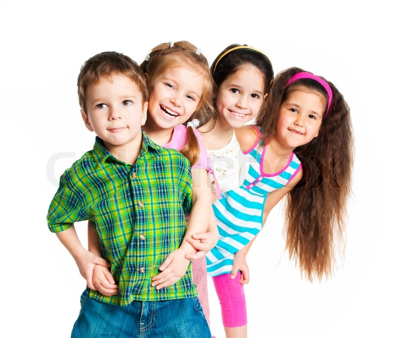 Laughing small kids on a white ... | Stock image | Colourbox