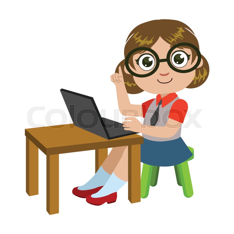 Girl In Glasses Sitting At The Desk Stock Vector Colourbox