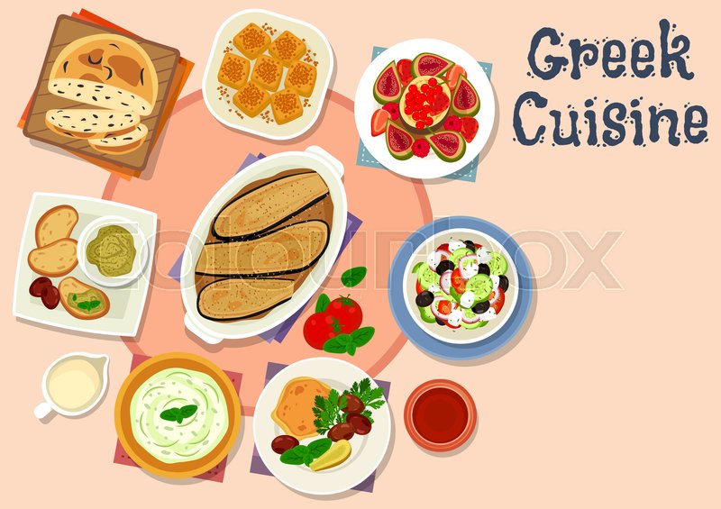 Greek cuisine tasty dishes icon of ... | Stock vector | Colourbox