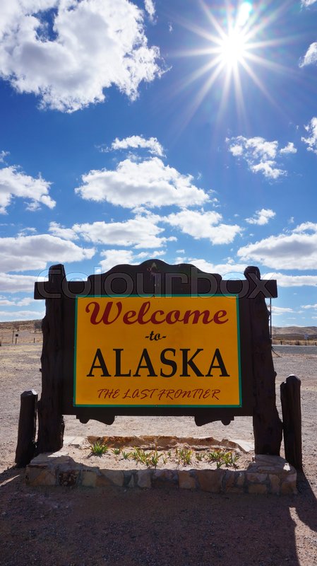Welcome to Alaska road sign with blue ... | Stock image | Colourbox