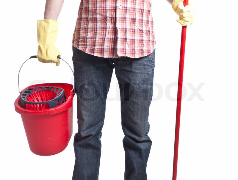 Mann hält einen Eimer und auf weißem ... | Stock Bild | Colourbox