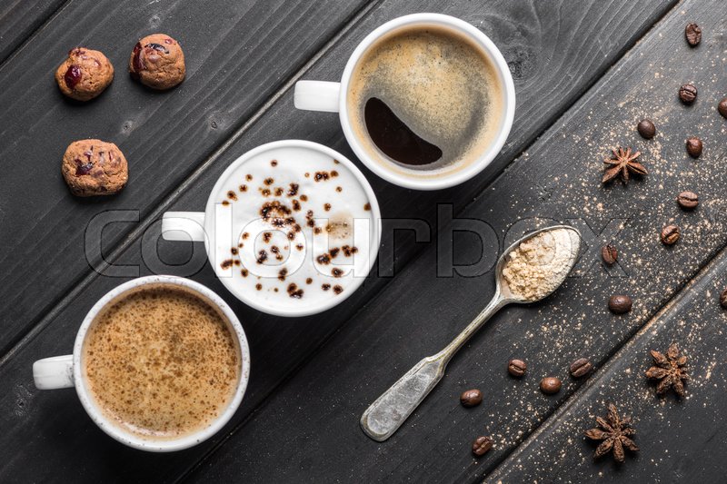 Top view of cups of coffee, coffee ... | Stock image | Colourbox
