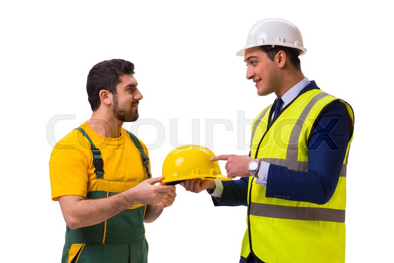 Two workers isolated on the white ... | Stock image | Colourbox