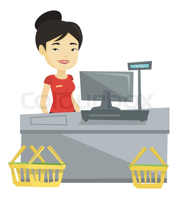 Young asian cashier standing at ... | Stock vector | Colourbox