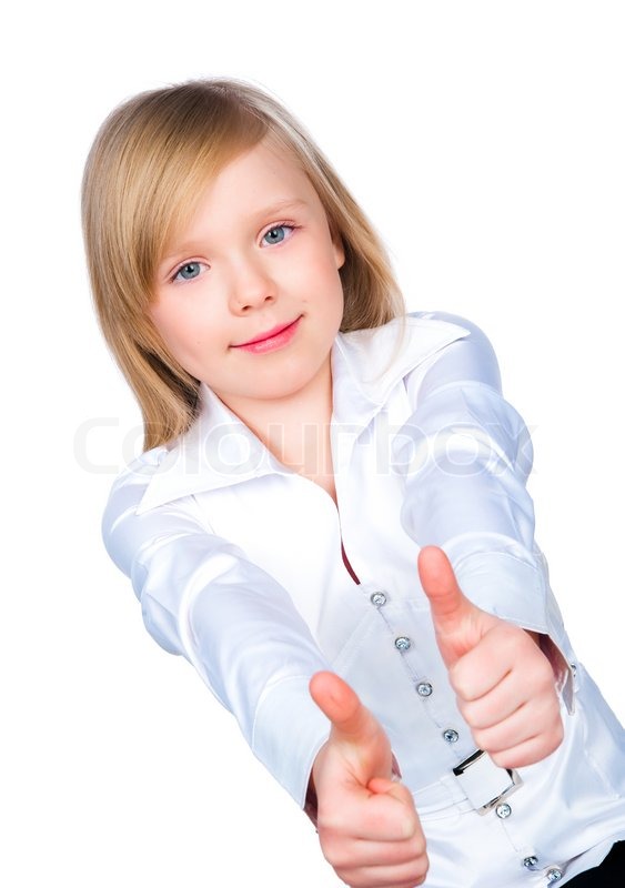 Mädchen zeigen, Daumen auf weißem ... | Stock Bild | Colourbox