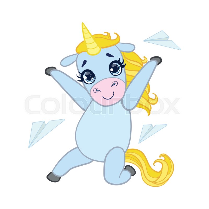 Cartoon light blue unicorn with paper ... | Stock vector | Colourbox
