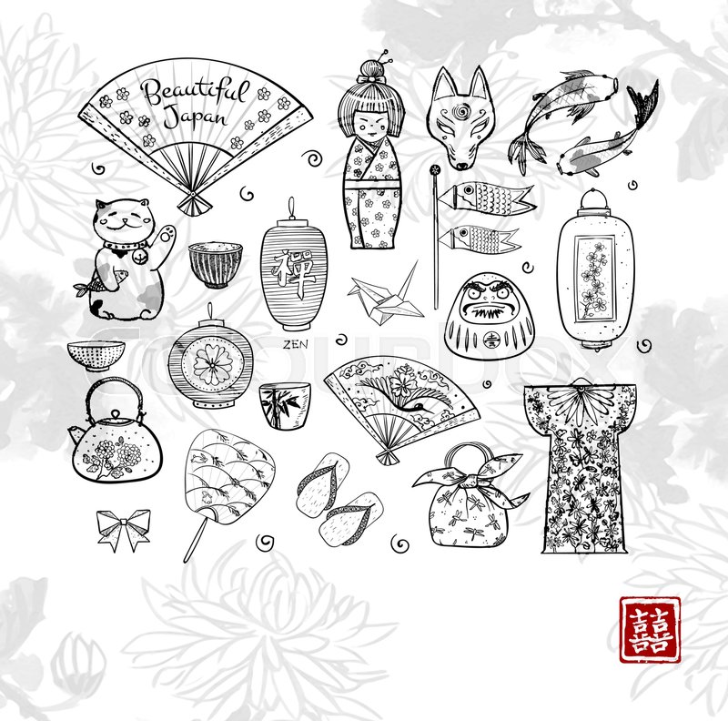 Japan doodle sketch elements on white ... | Stock vector | Colourbox